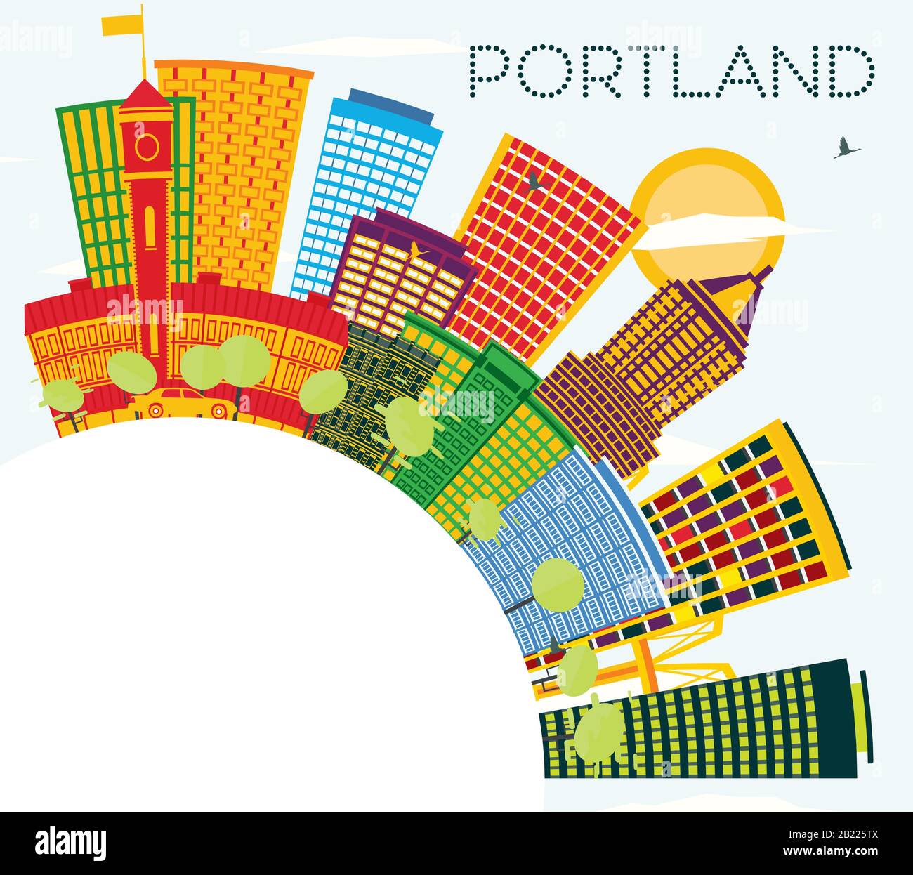 Portland Oregon City Skyline with Color Buildings, Blue Sky and Copy ...