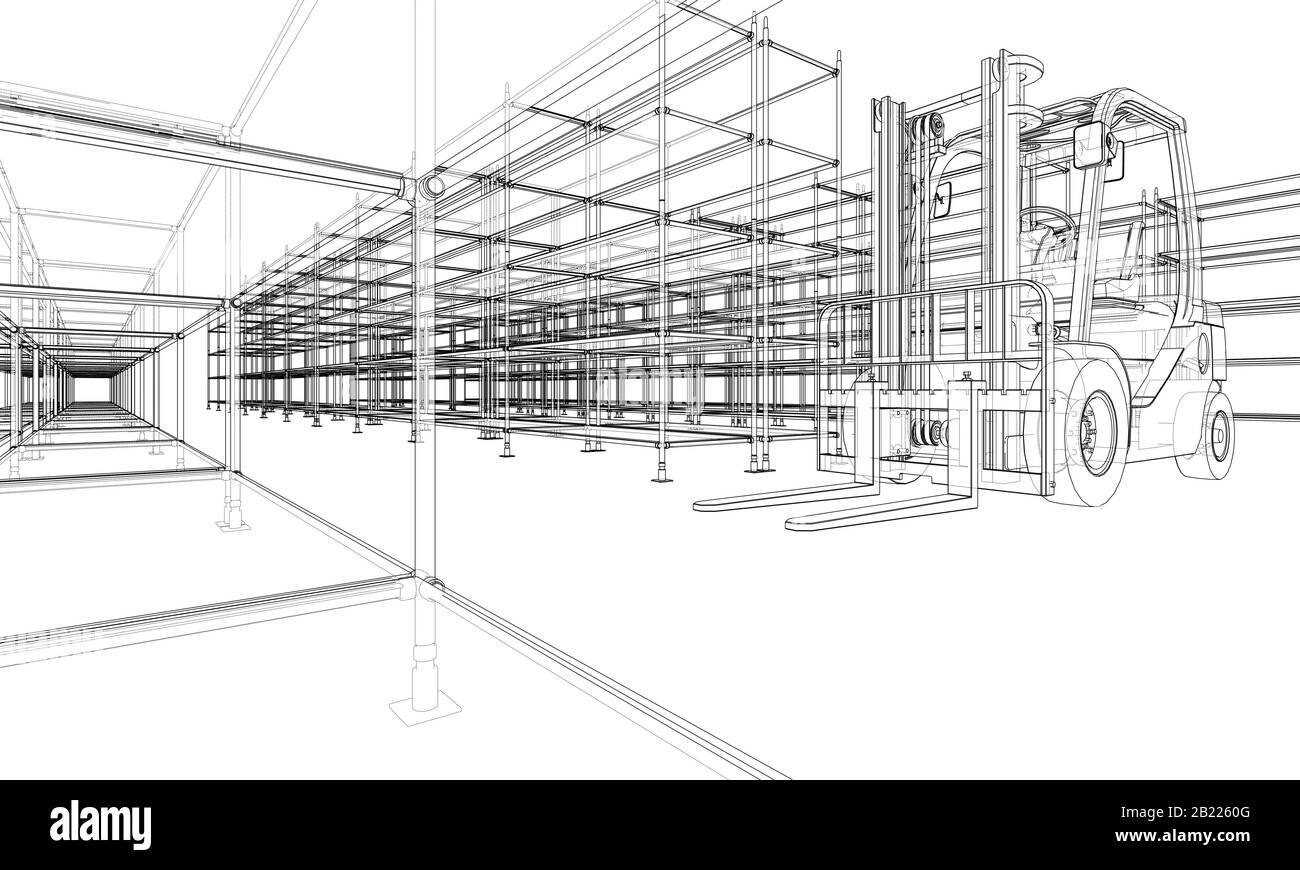 Warehouse shelves and forklift. Blueprint style. Vector rendering from ...