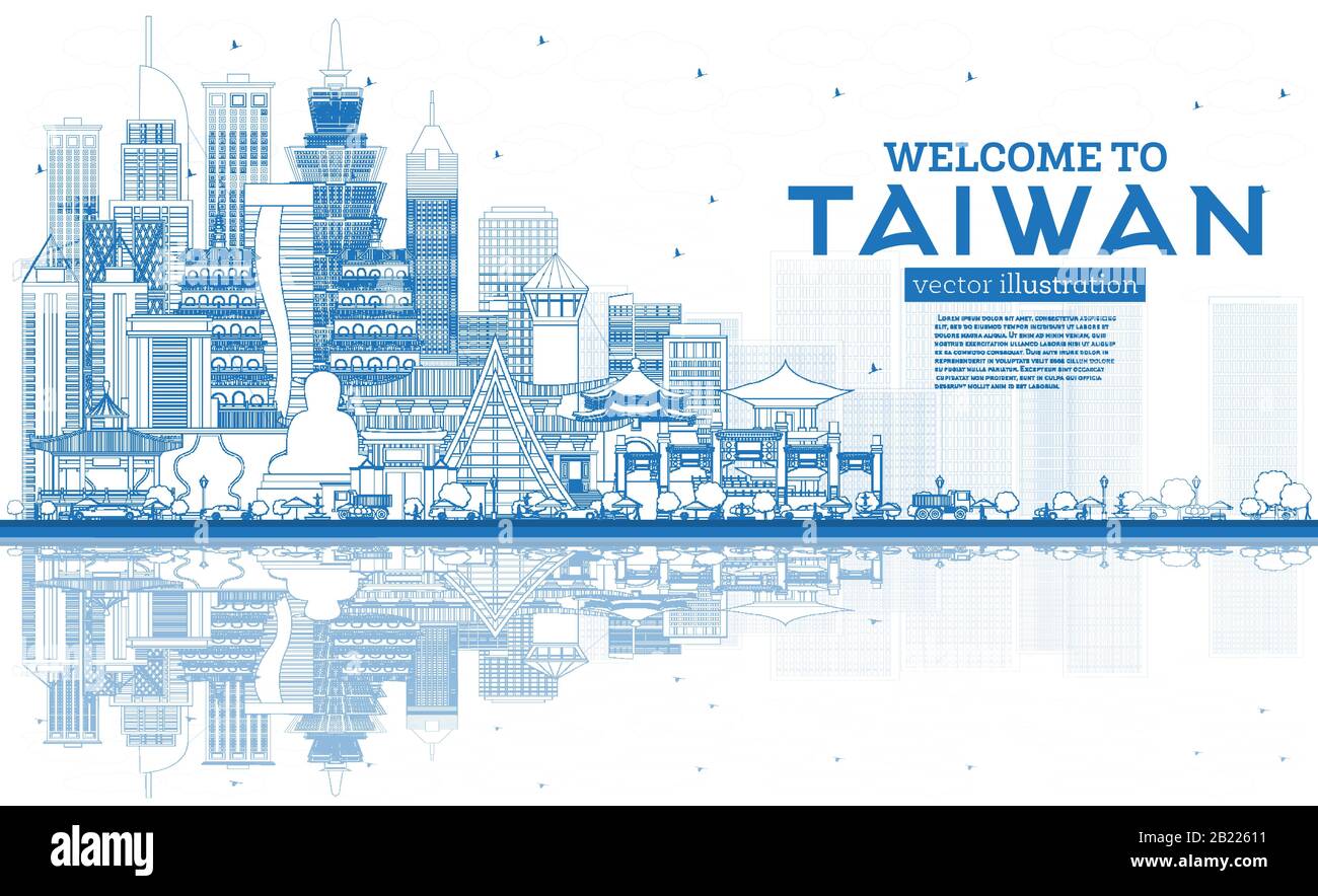Outline Welcome to Taiwan City Skyline with Blue Buildings and ...