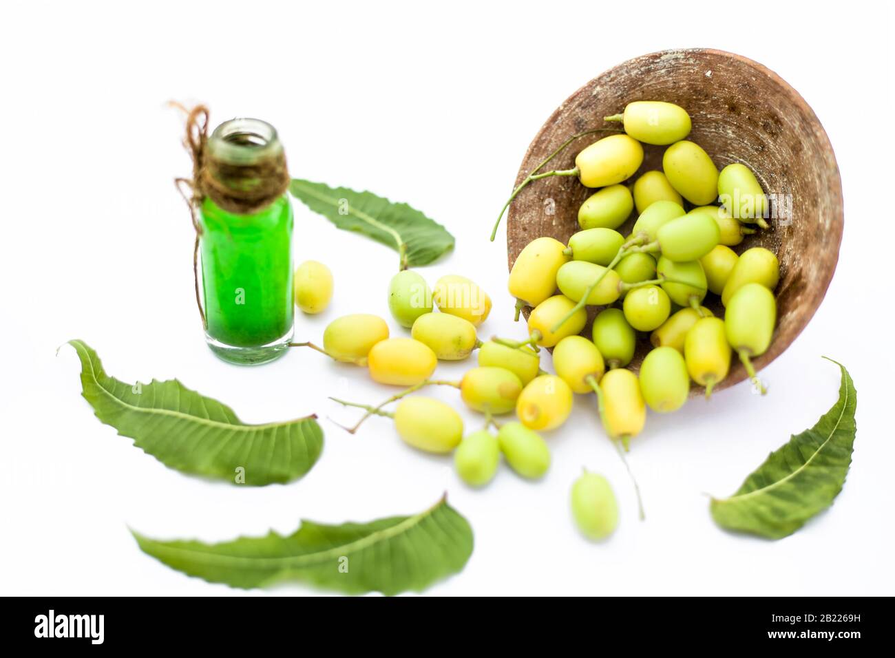 Fresh green neem fruit of Indian Lilac fruit in a clay bowl isolated on ...
