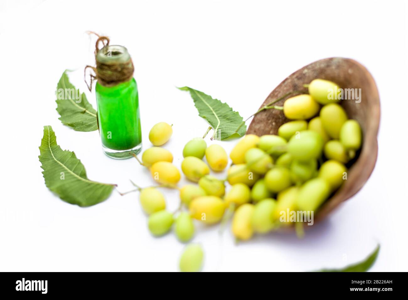 Fresh green neem fruit of Indian Lilac fruit in a clay bowl isolated on ...