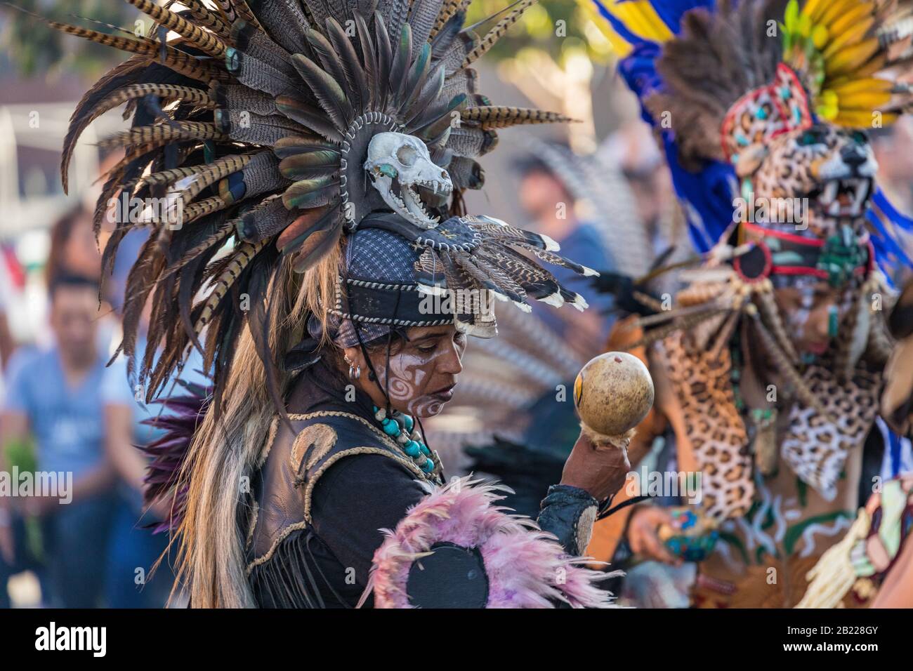 MEXICO CITY, MEXICO - FEBRUARY 17, 2020: Aztec dancers in traditional ...