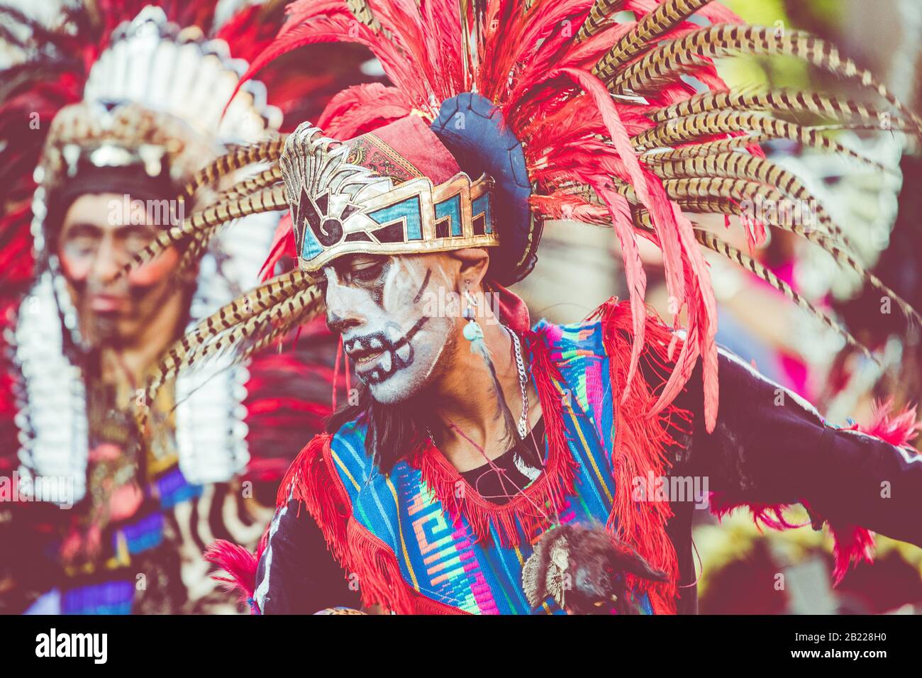 MEXICO CITY, MEXICO - FEBRUARY 17, 2020: Aztec dancers in traditional ...