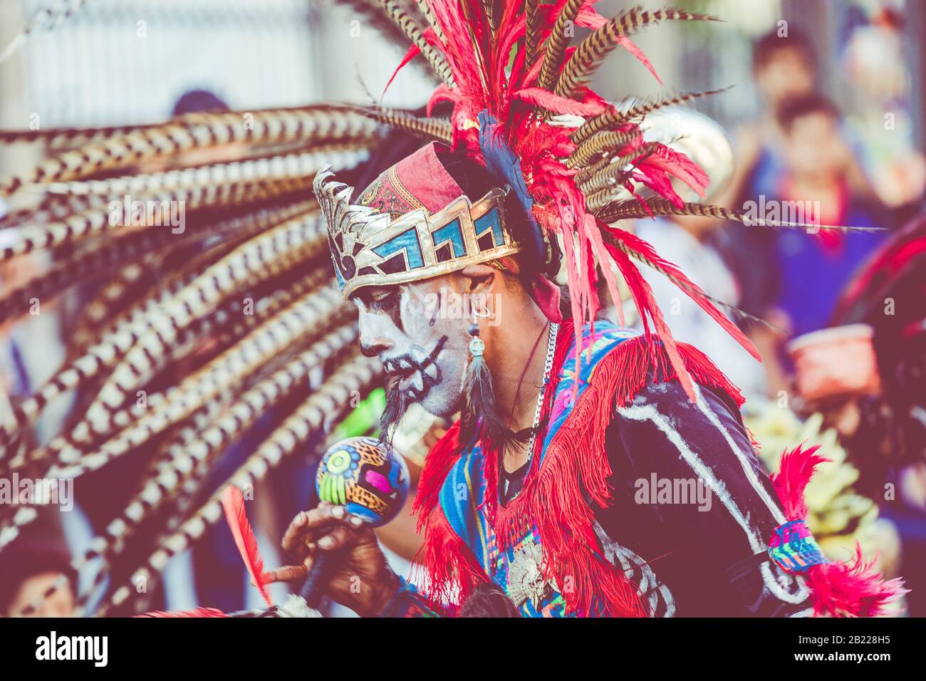 MEXICO CITY, MEXICO - FEBRUARY 17, 2020: Aztec dancers in traditional ...