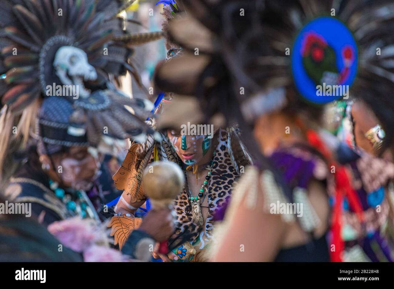 MEXICO CITY, MEXICO - FEBRUARY 17, 2020: Aztec dancers in traditional ...