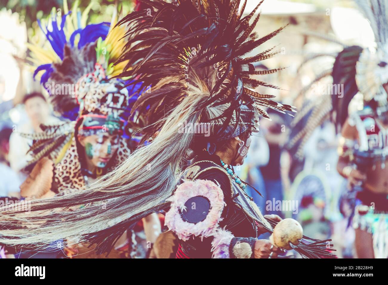 MEXICO CITY, MEXICO - FEBRUARY 17, 2020: Aztec dancers in traditional ...