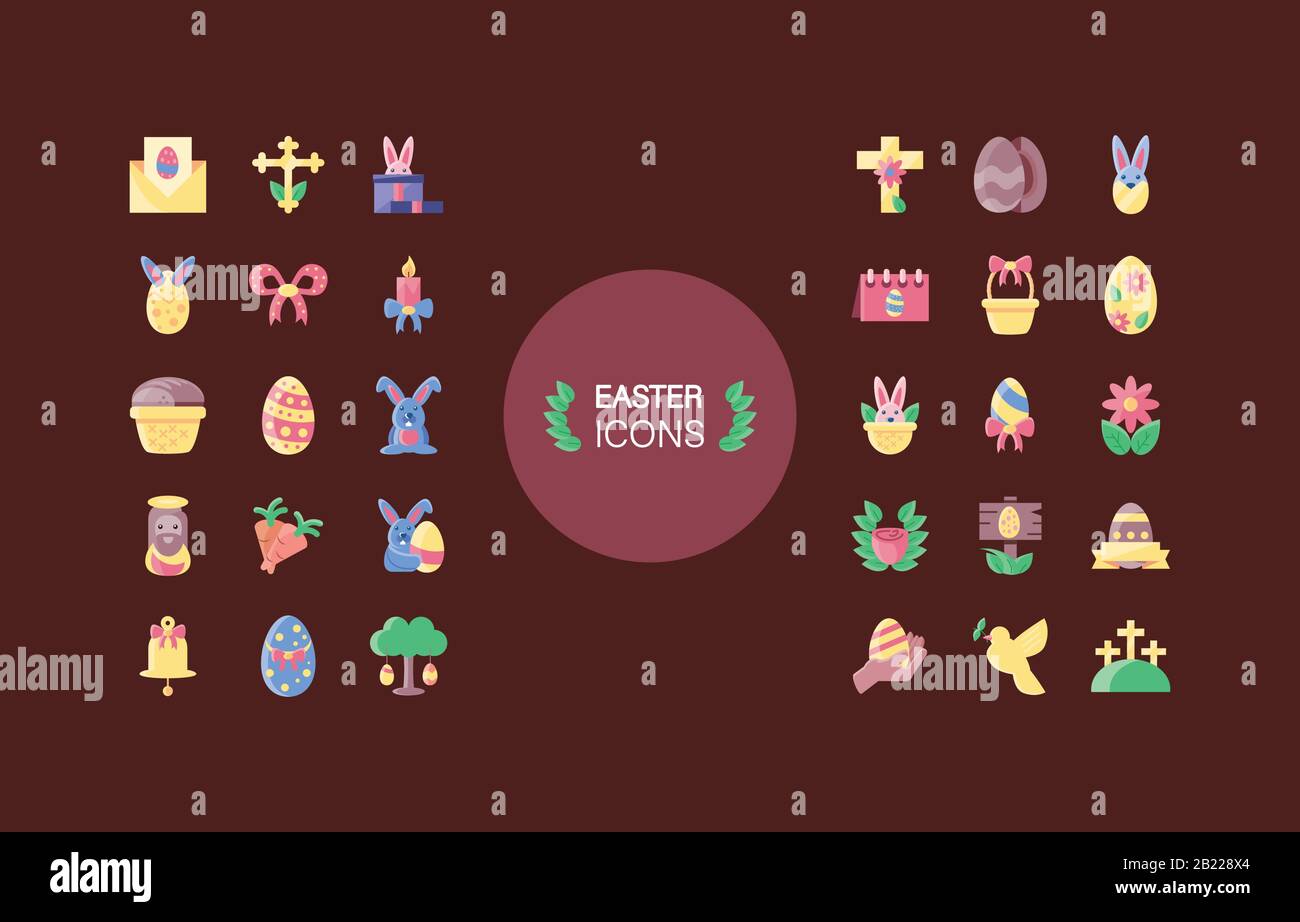colorful happy easter icons set over brown background, vector ...