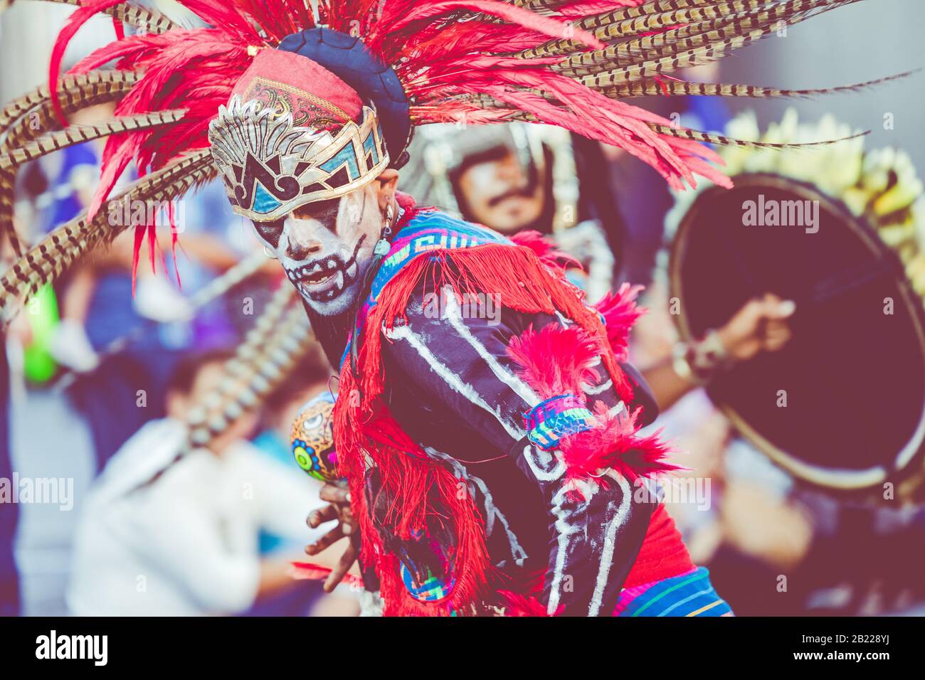 MEXICO CITY, MEXICO - FEBRUARY 17, 2020: Aztec dancers in traditional ...