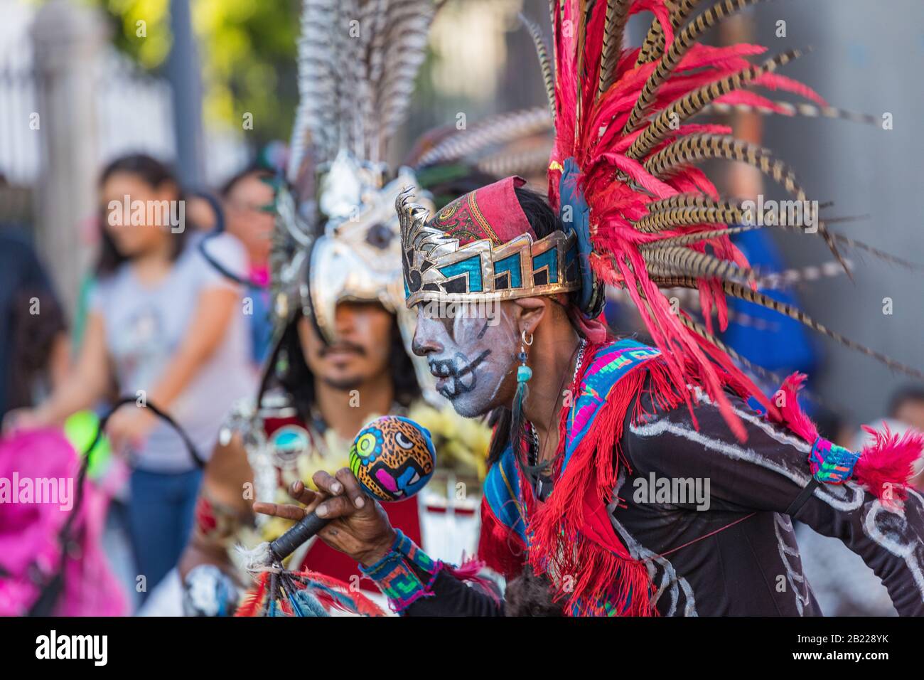 MEXICO CITY, MEXICO - FEBRUARY 17, 2020: Aztec dancers in traditional ...