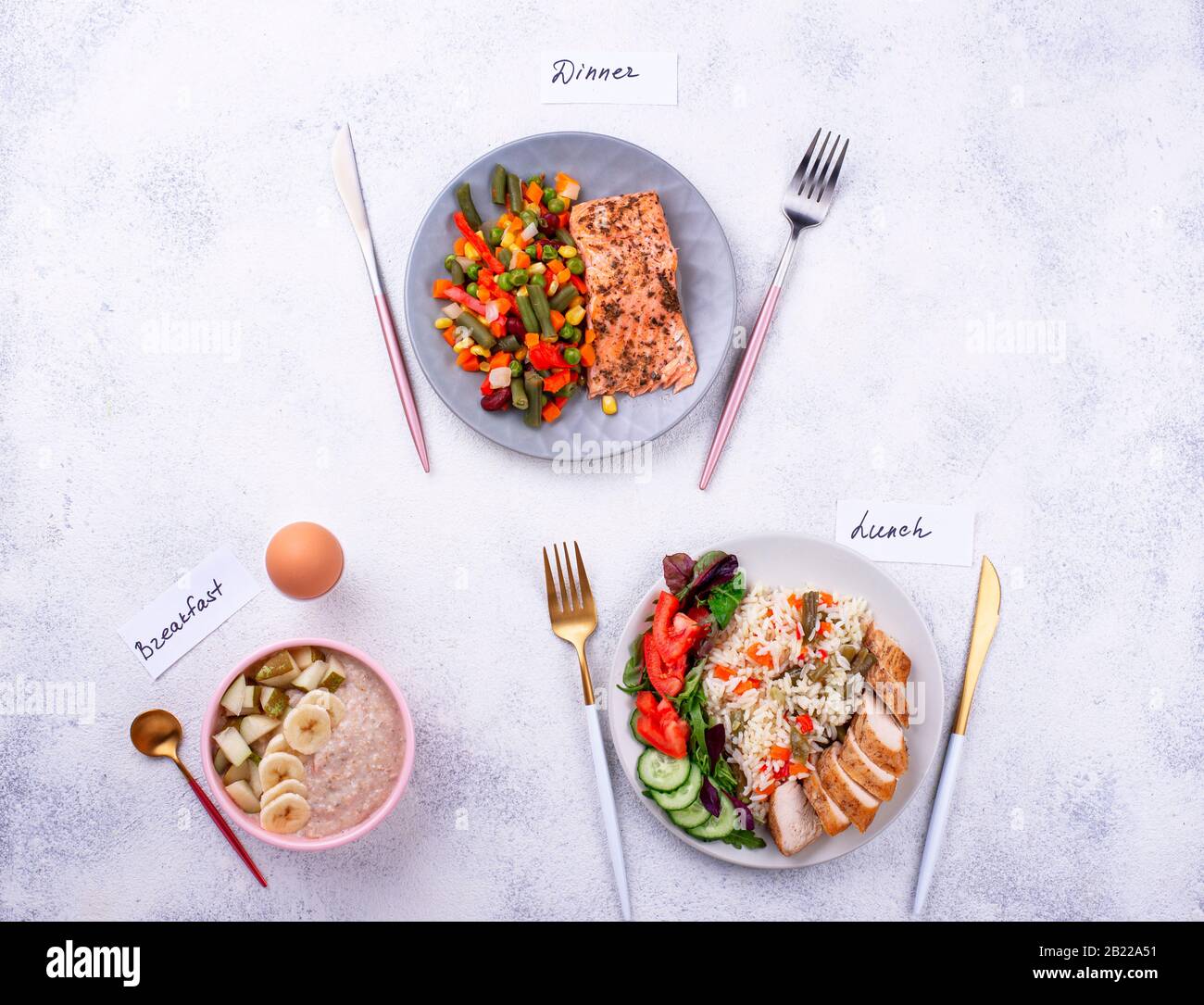 Breakfast, lunch and dinner. Day menu Stock Photo - Alamy