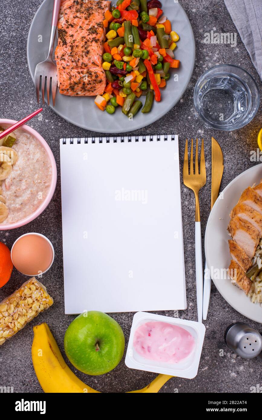 Breakfast, lunch and dinner. Balanced menu Stock Photo - Alamy