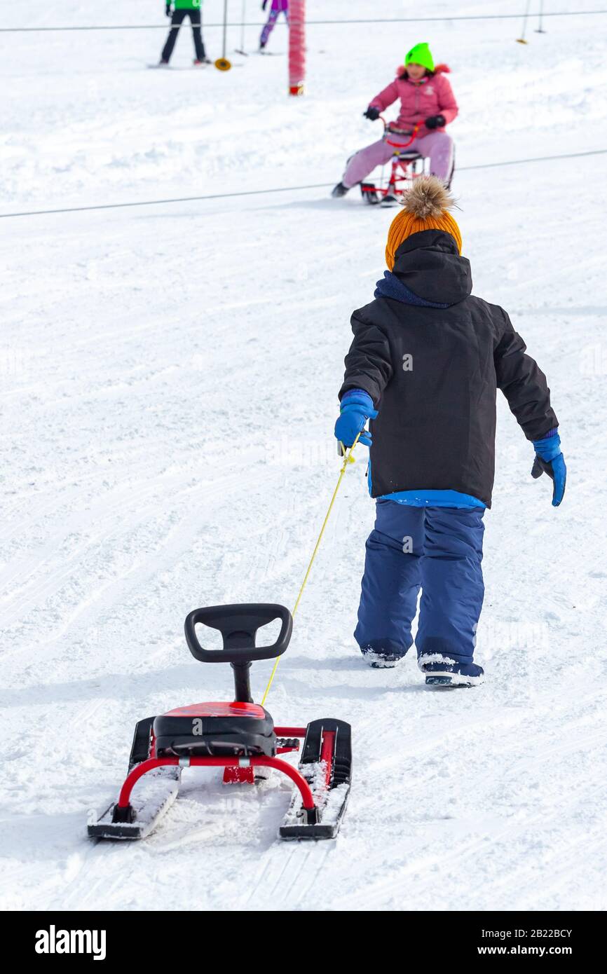 Back view of child in pulling sledge and running up snowy slope while ...