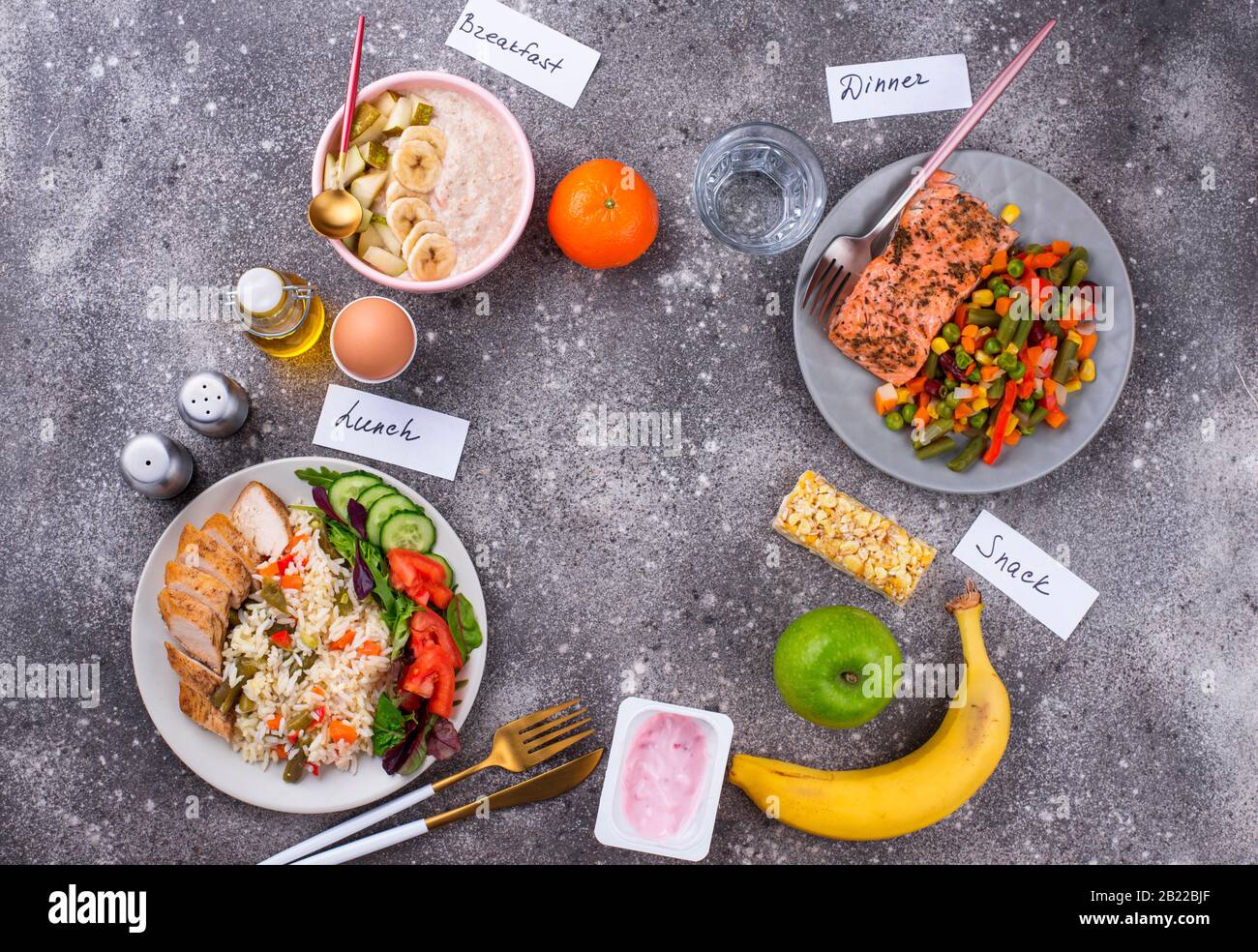 Breakfast, lunch and dinner. Balanced menu Stock Photo - Alamy