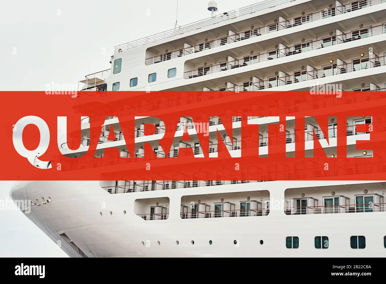 Coronavirus covid-19 on cruise liner. White big cruiser ship and text ...