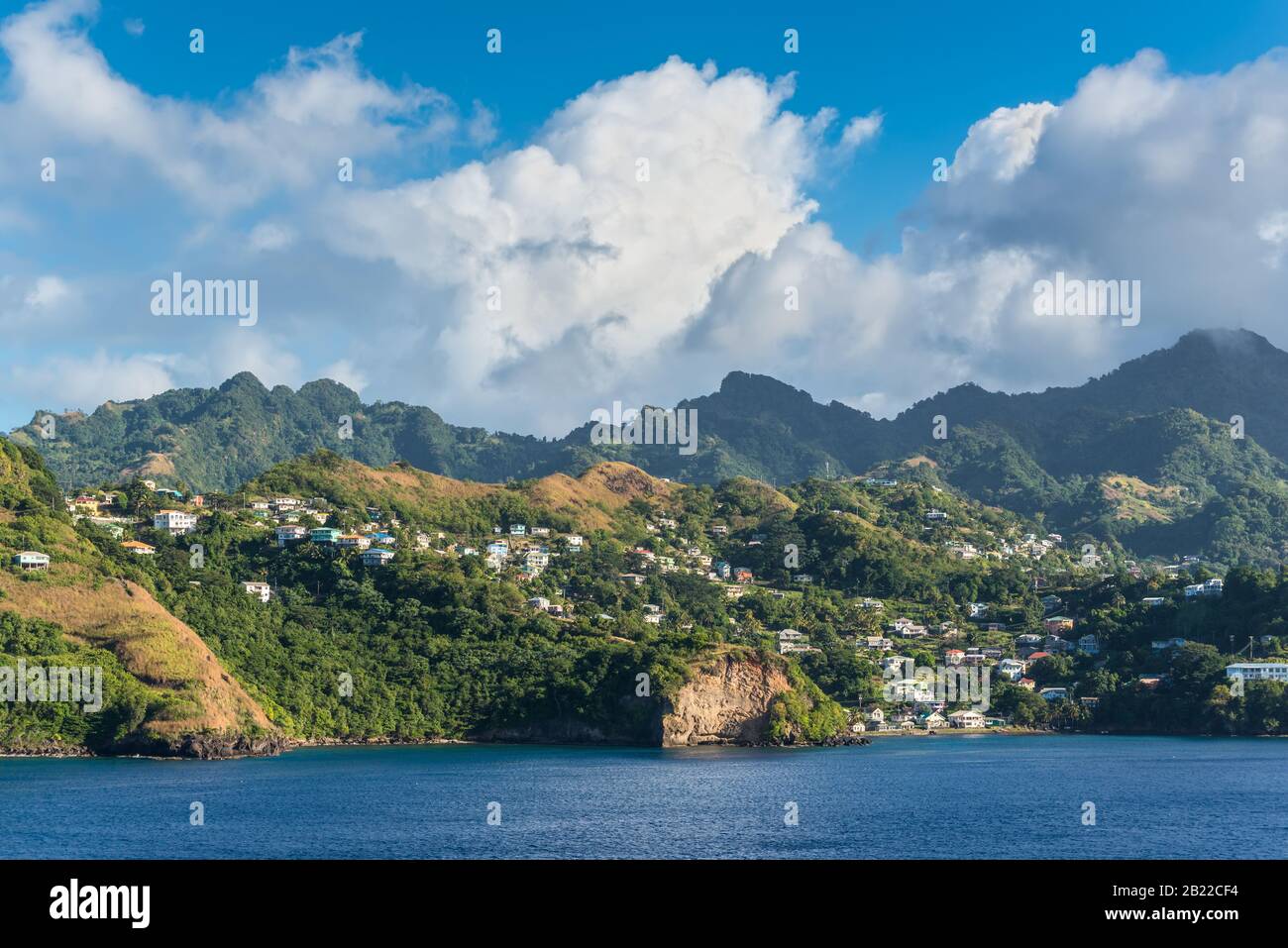 Coastline view with lots of living houses on the hill, Kingstown, Saint ...