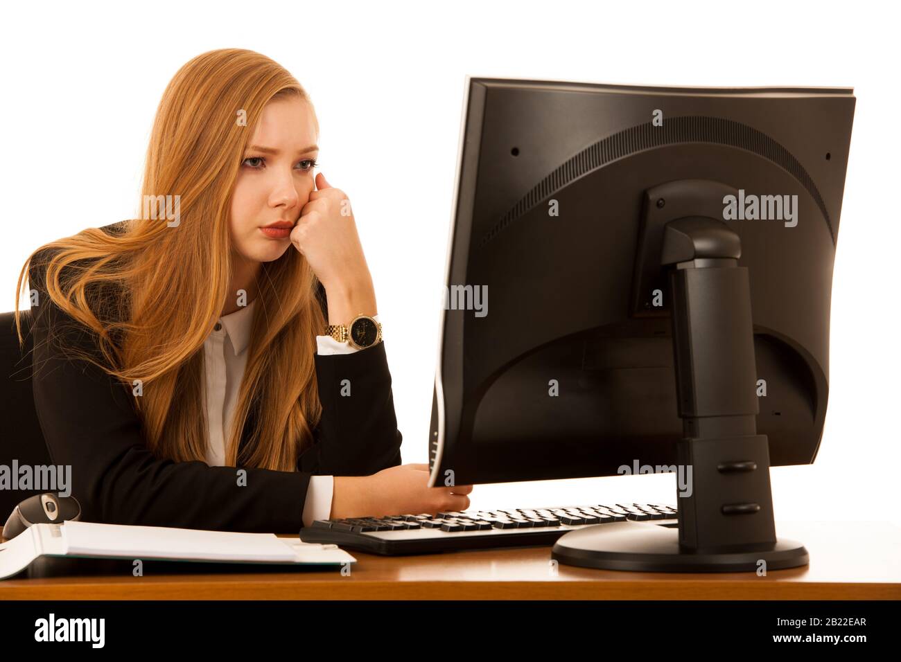 Stressed anxious business woman stare in monitor in her office Stock ...