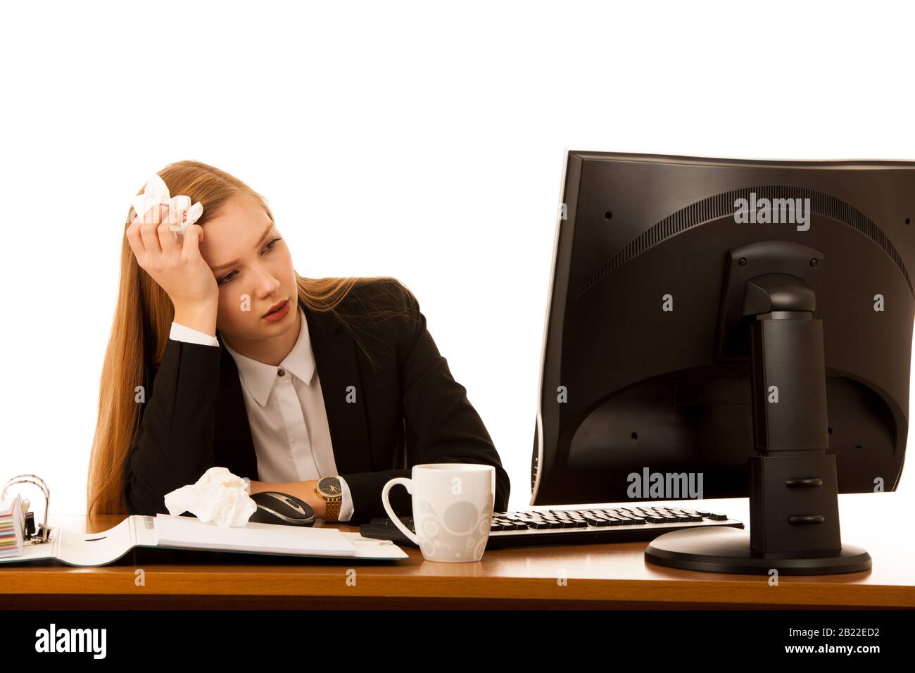 Ill business woman works in office - illness on work Stock Photo - Alamy