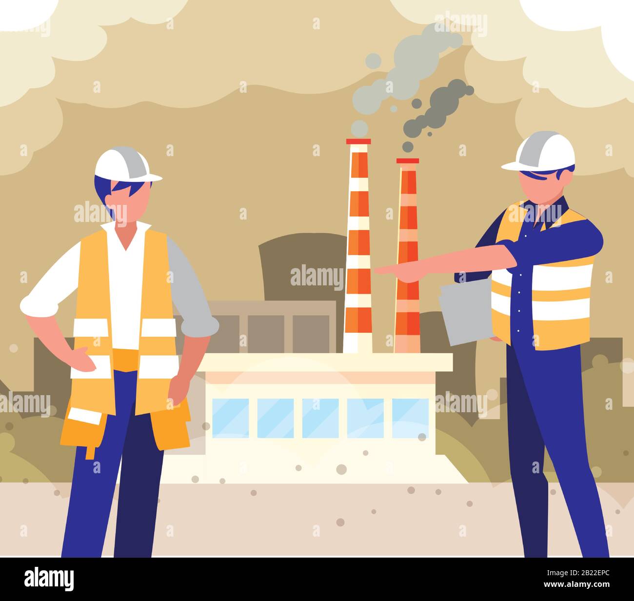 men engineers standing the factory, team work vector illustration ...