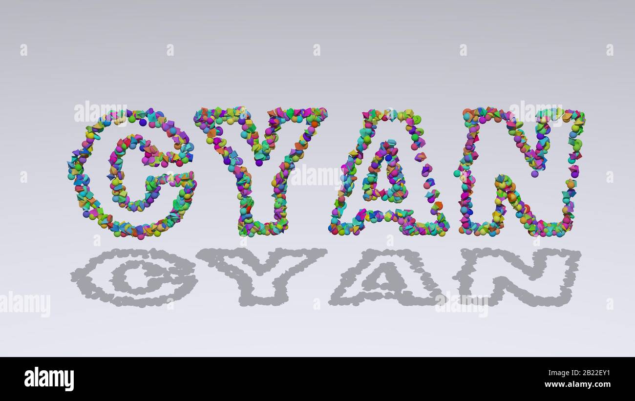 Cyan written in 3D illustration by colorful small objects casting ...