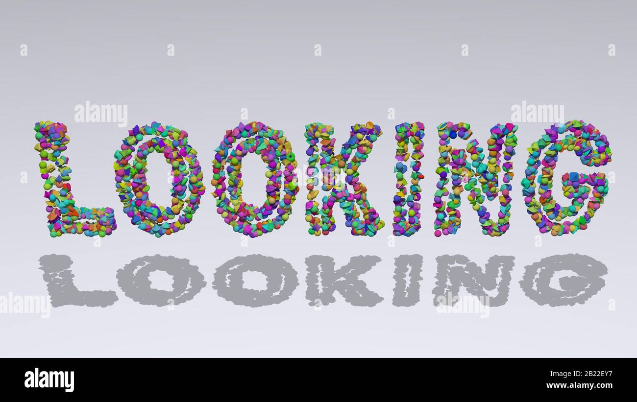 Colorful 3D writting of LOOKING text with small objects over a white ...