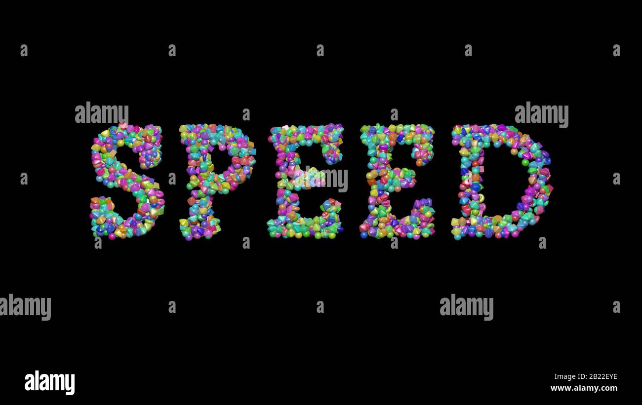 Speed written in 3D illustration by colorful small objects casting ...