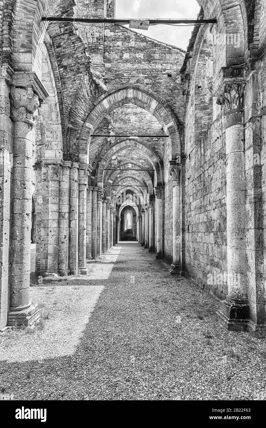 CHIUSDINO, ITALY - JUNE 22: Interior view of the iconic roofless Abbey ...