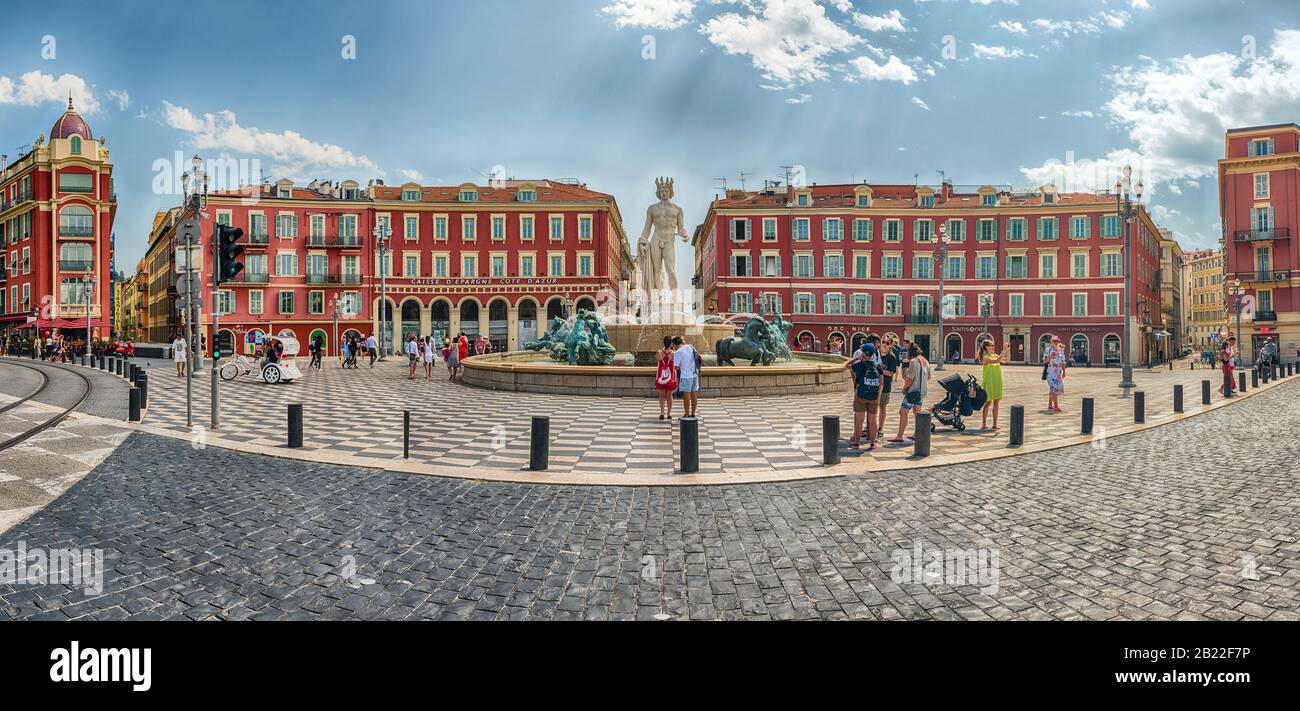 NICE, FRANCE - AUGUST 11: Panoramic view of Place Massena, Nice, Cote d ...