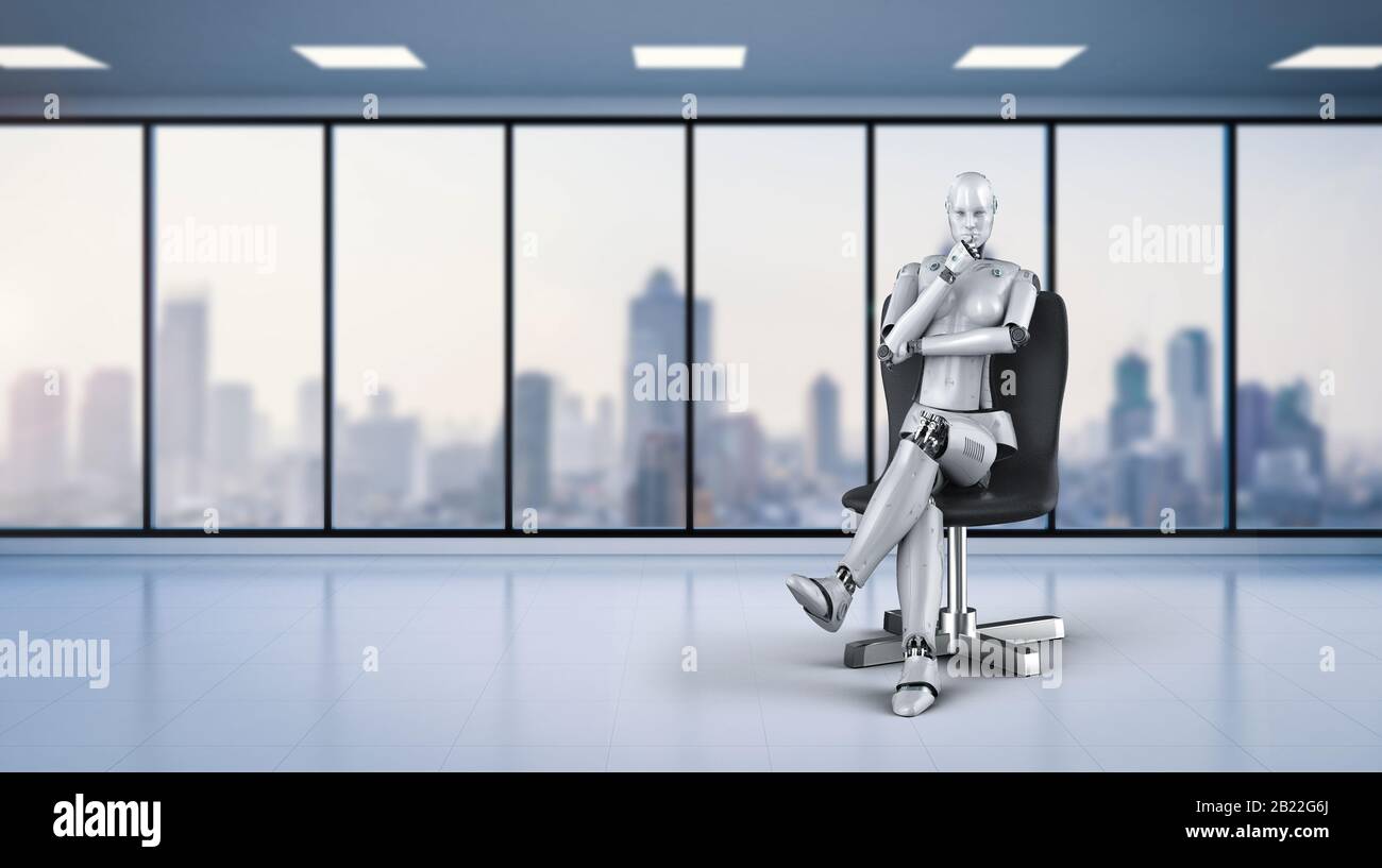 3d rendering female cyborg sit in chair Stock Photo - Alamy