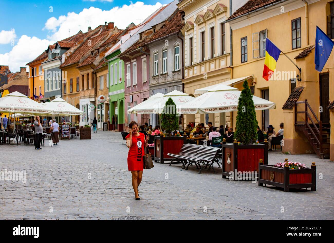 Brasov / Romania - A city vibrant with life. Old town architecture and ...