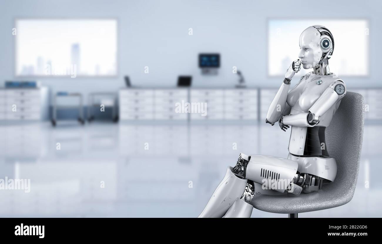3d rendering female cyborg sit in chair Stock Photo - Alamy