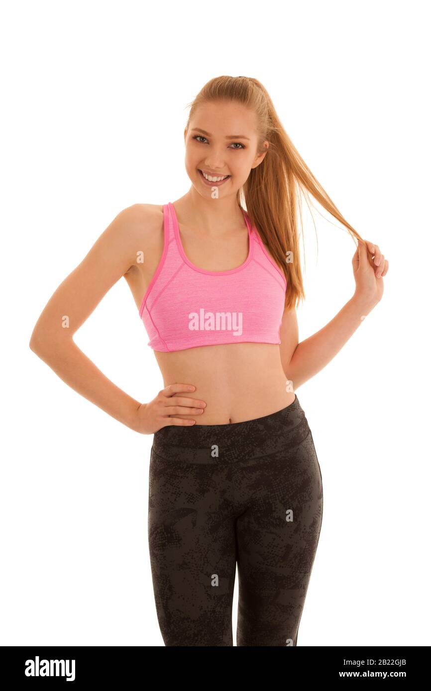 Beautiful young fit woman with great shape isolated over white ...