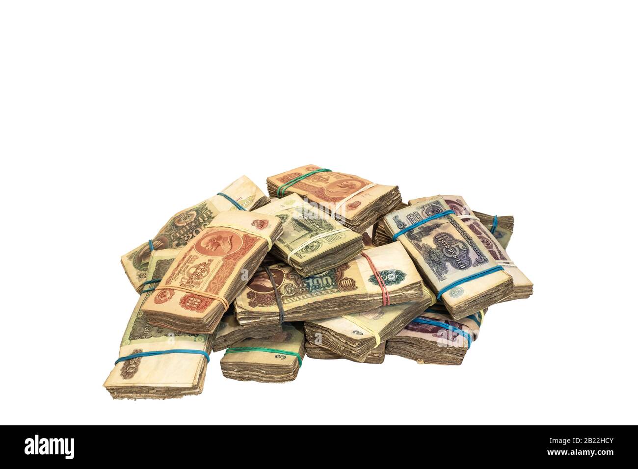 A large pile of Soviet money of the 1961 sample on a white background ...