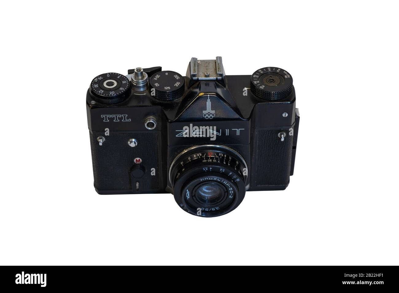 Soviet Zenith camera with Olympic symbols on a white background, shot ...