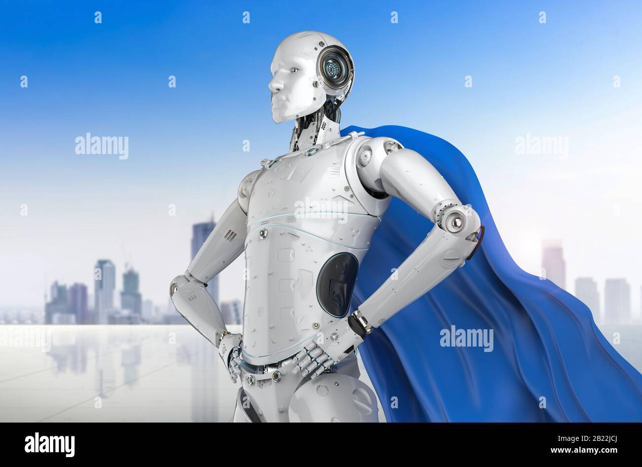 3d rendering superhero cyborg with blue cloak Stock Photo - Alamy