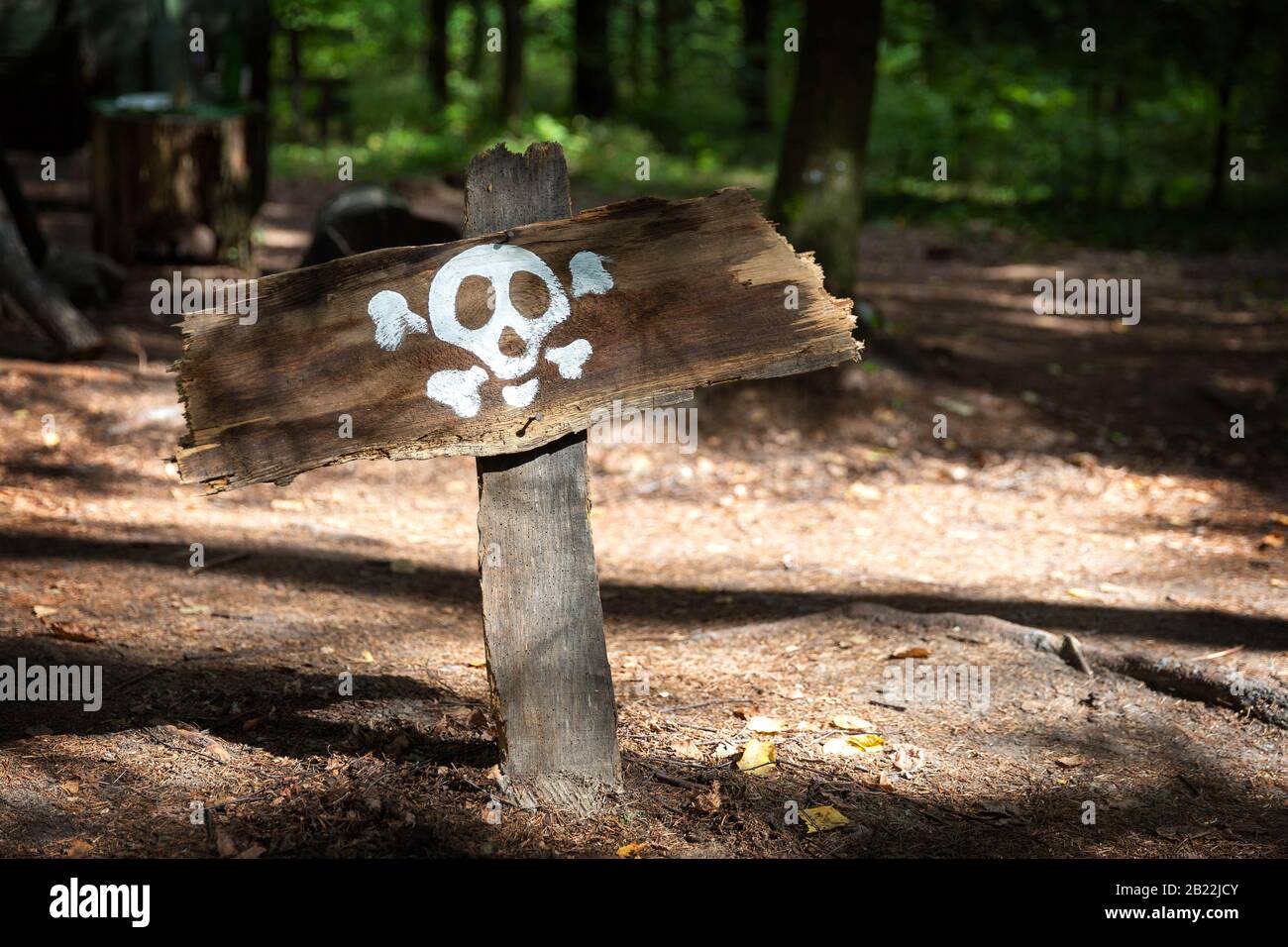 Wooden board with painted white skull, danger warning sign Stock Photo ...