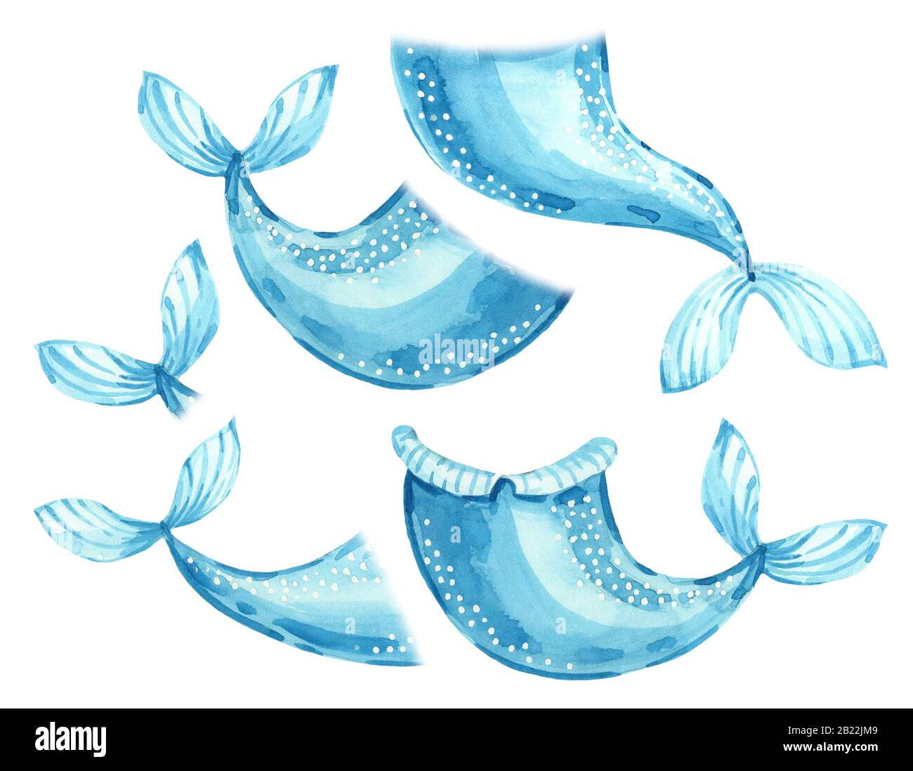 Watercolor nursery fish tail, handpainted mermaid tails on an isolated ...