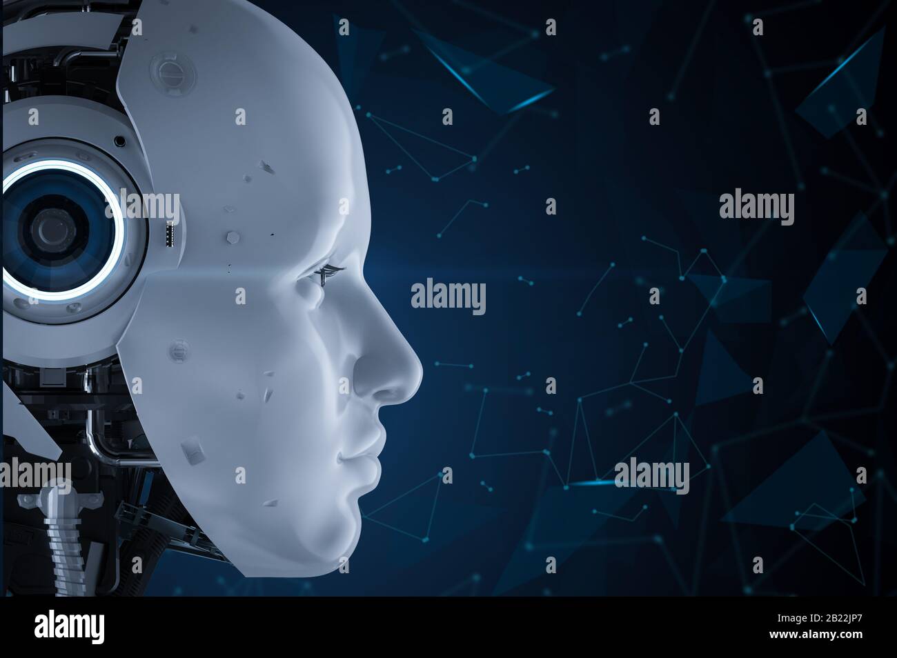 3d rendering female cyborg or robot side view with connection graphic display Stock Photo - Alamy