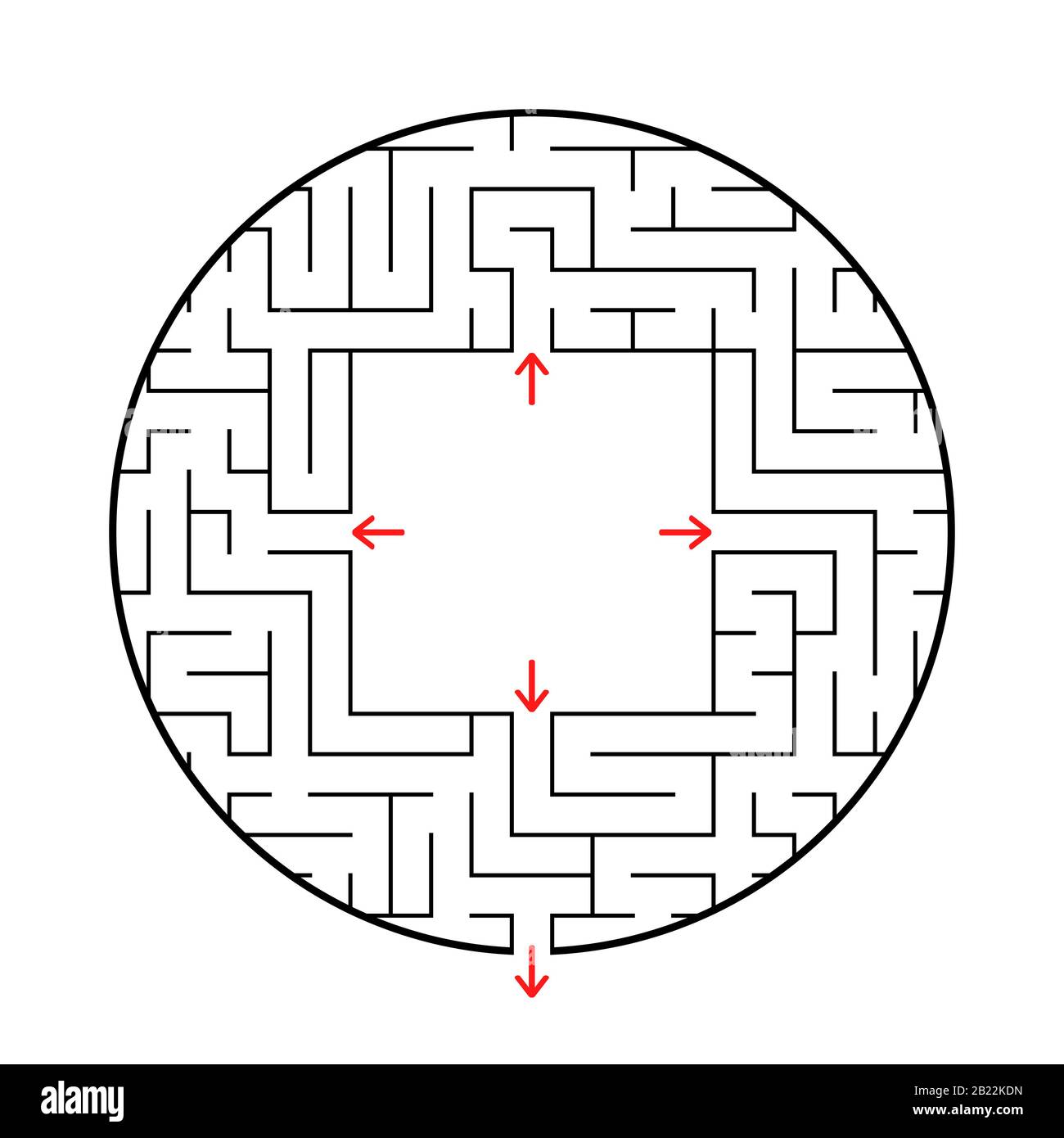 Round labyrinth with four entrances and one exit. Simple flat vector ...