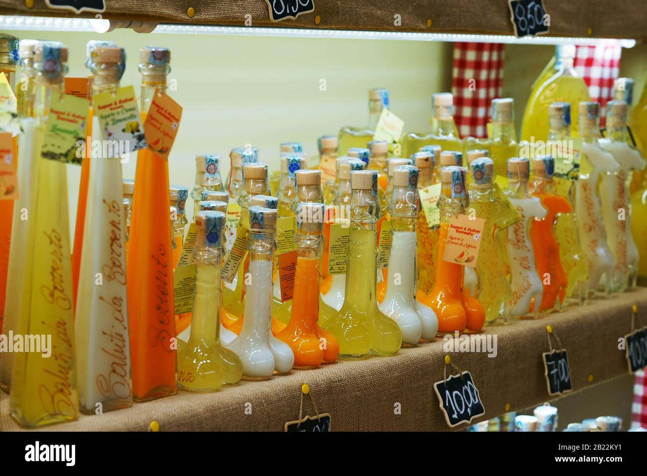 Bottles Limoncello and arancello liquor in the souvenir shop Sorrento ...