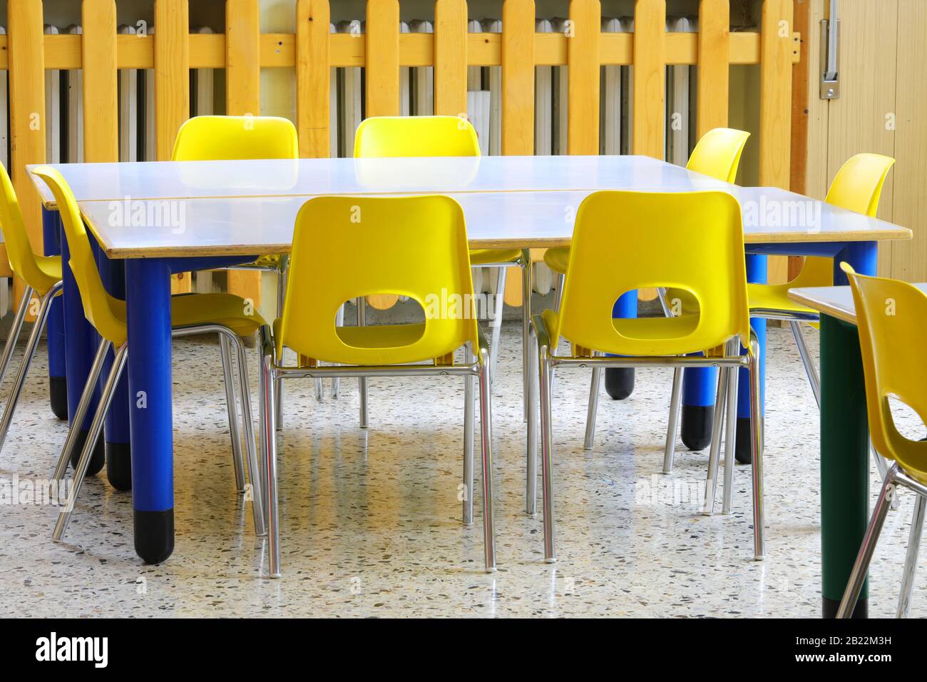 yellow small chairs in the classroom of a school without kids Stock ...