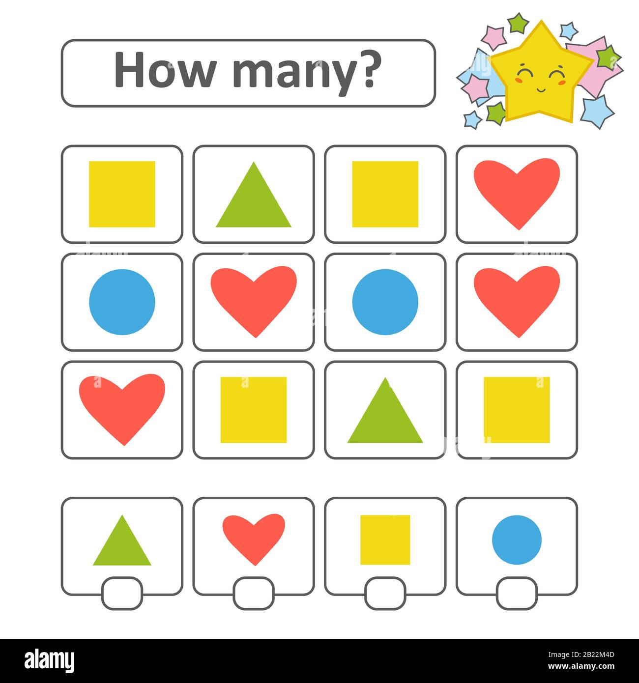 Counting game for preschool children. Heart, square, circle, triangle ...
