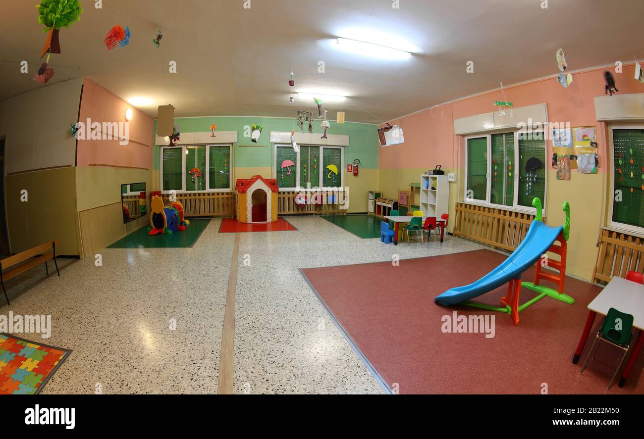inside a wide hall of a kindergarten without children Stock Photo - Alamy