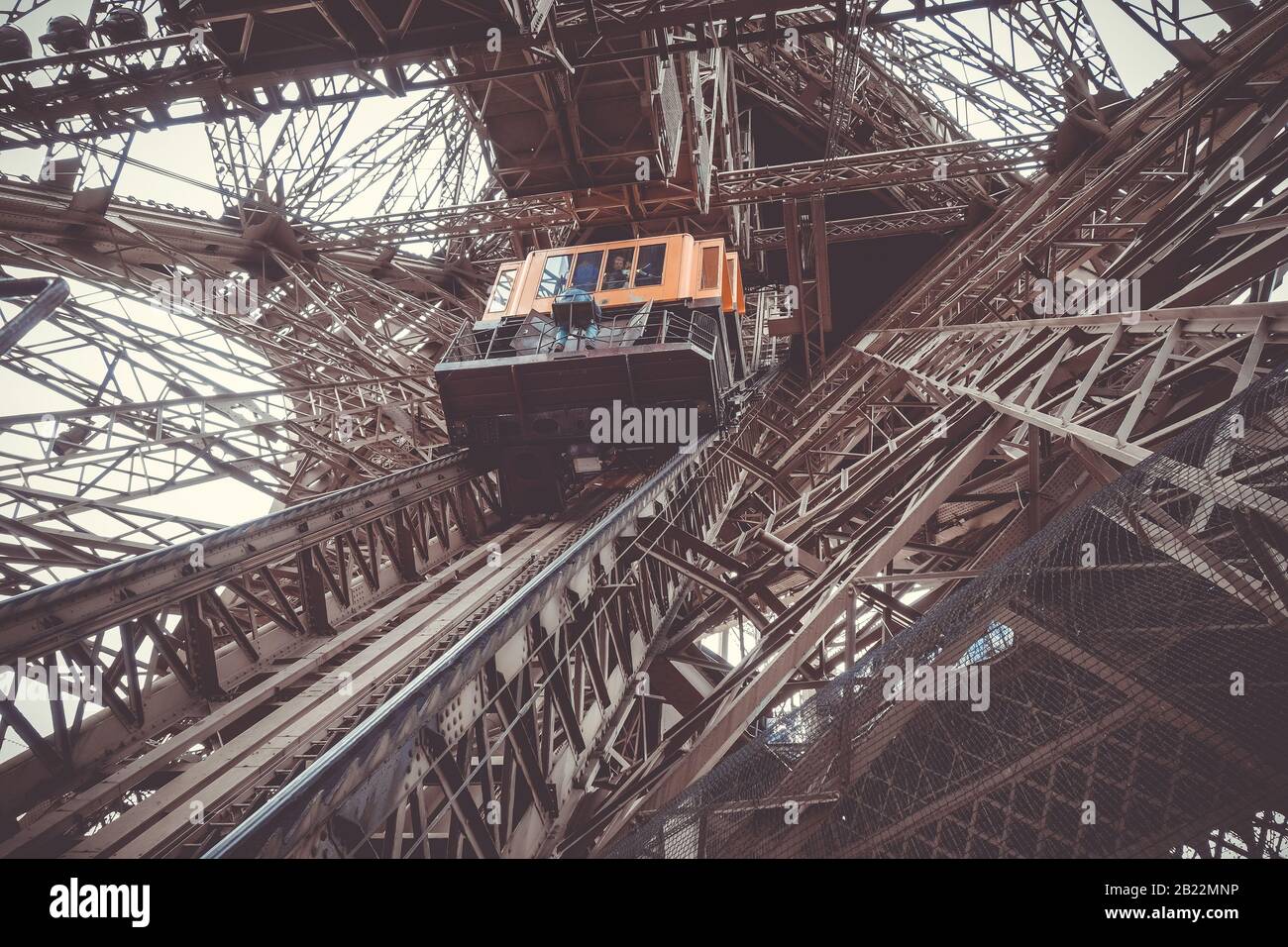 Eiffel Tower structure and elevator view from inside, Paris, France ...
