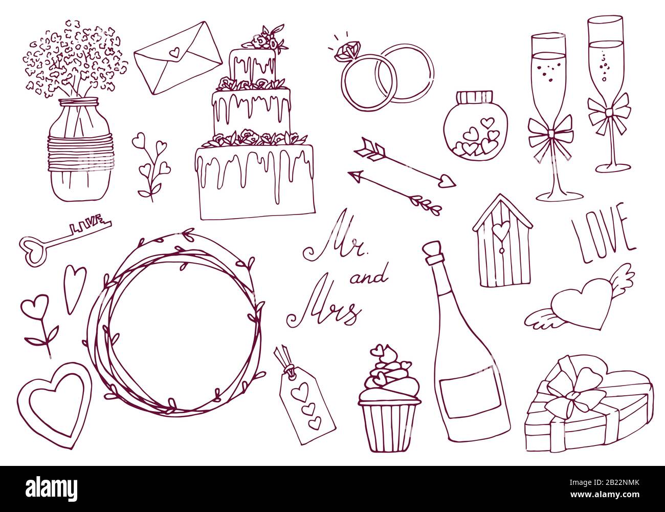 Vector Set Of Sketch Wedding Icons Line Art Doodle Style Romantic