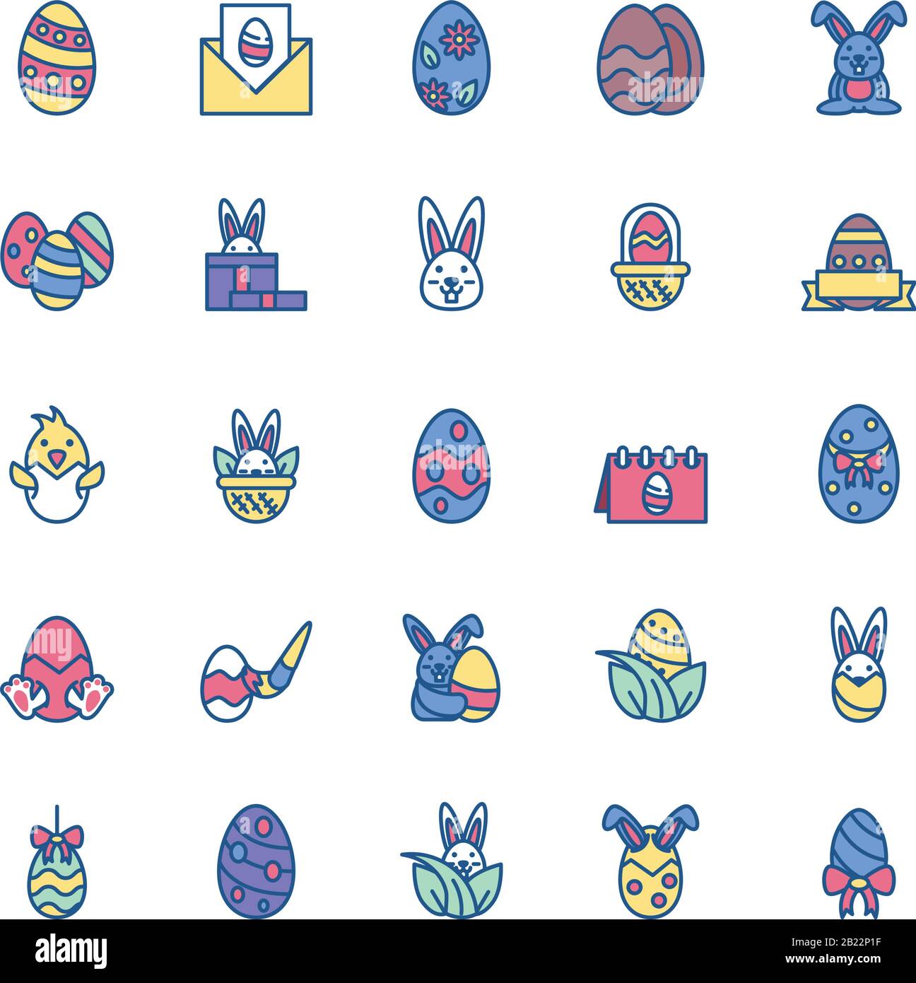 happy easter and cute rabbits icon set over white background, line ...
