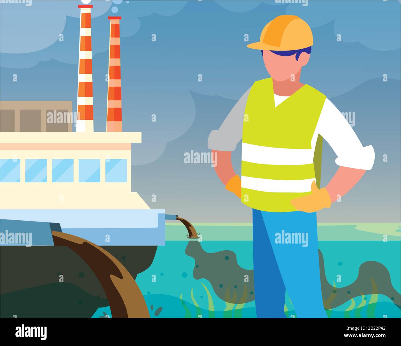 man engineer standing the factory, environmental pollution vector ...
