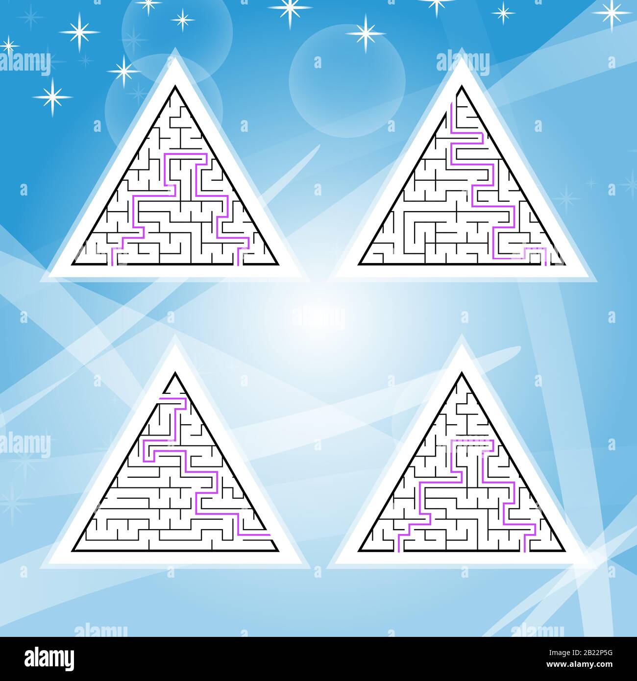 A set of four triangular labyrinths with a black stroke. A game for ...