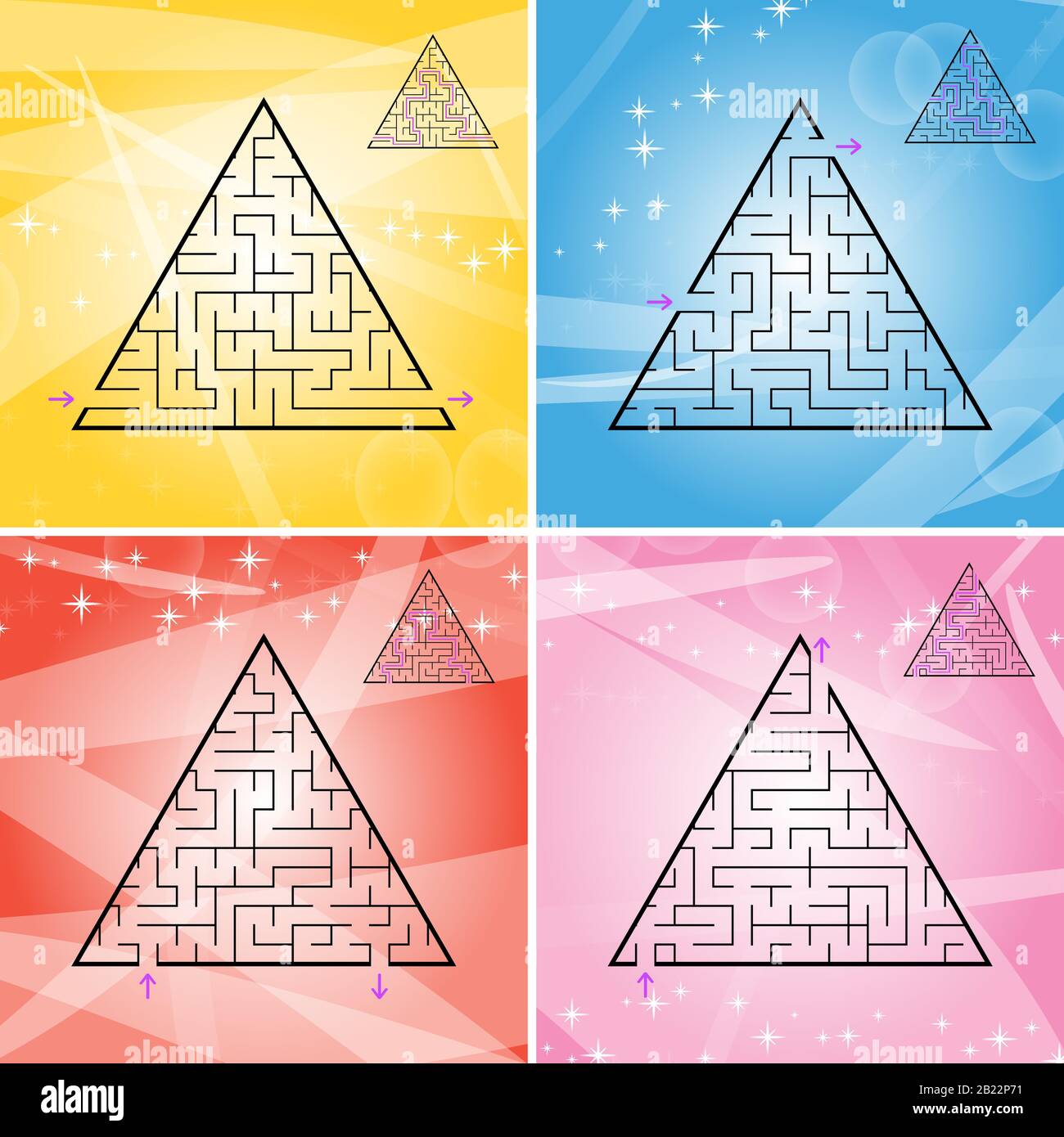 A set of four triangular labyrinths with a black stroke. A game for ...