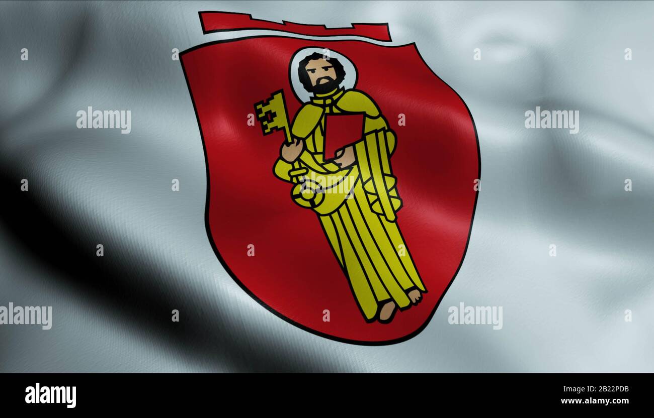 3D Illustration of a waving coat of arms flag of Trier (Germany country ...