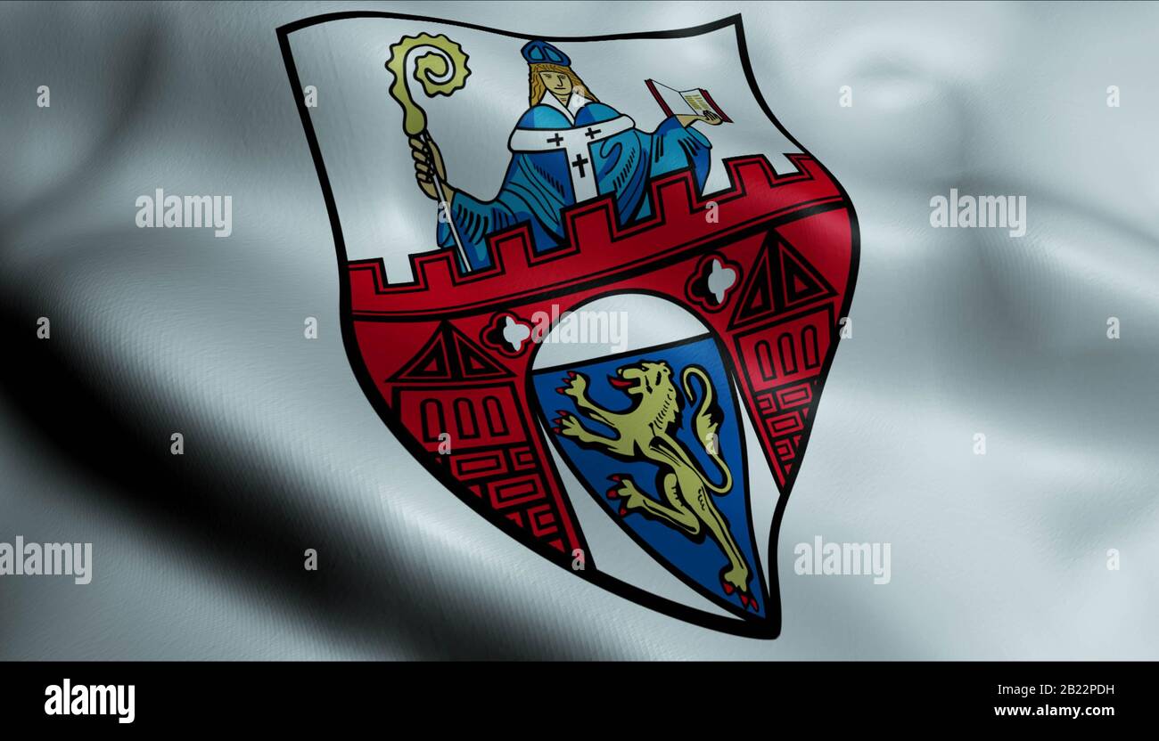 3D Illustration of a waving coat of arms flag of Siegen (Germany ...